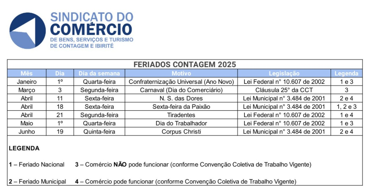 Feriados em Contagem/2025 – SINDCONTAGEM